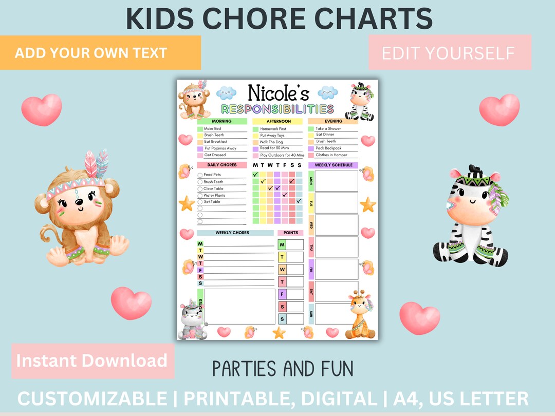 Chore Chart Editable Kids Tribe Animals Responsibility Chore Chart for ...