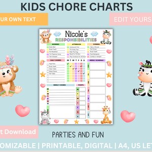 Chore Chart Editable Kids Tribe Animals Responsibility Chore Chart for ...