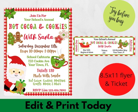 EDITABLE Hot Cocoa and Cookies with Santa Flyer Kids Christmas Party ...