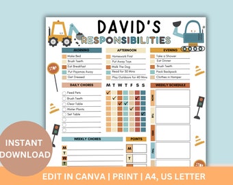 Construction Chore Chart Chore Chart Printable Kids Daily Weekly ...