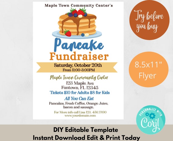 Pancake Breakfast Fundraiser Flyer, School Pancake Fundraiser, Charity ...