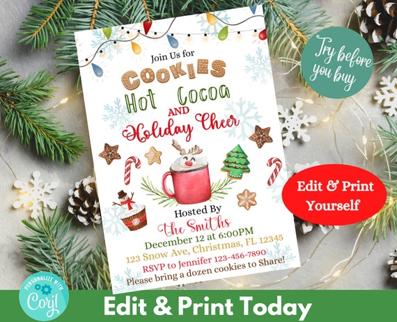 EDITABLE Cookies and Cocoa Christmas Party Invitation, Hot Cocoa Invite ...