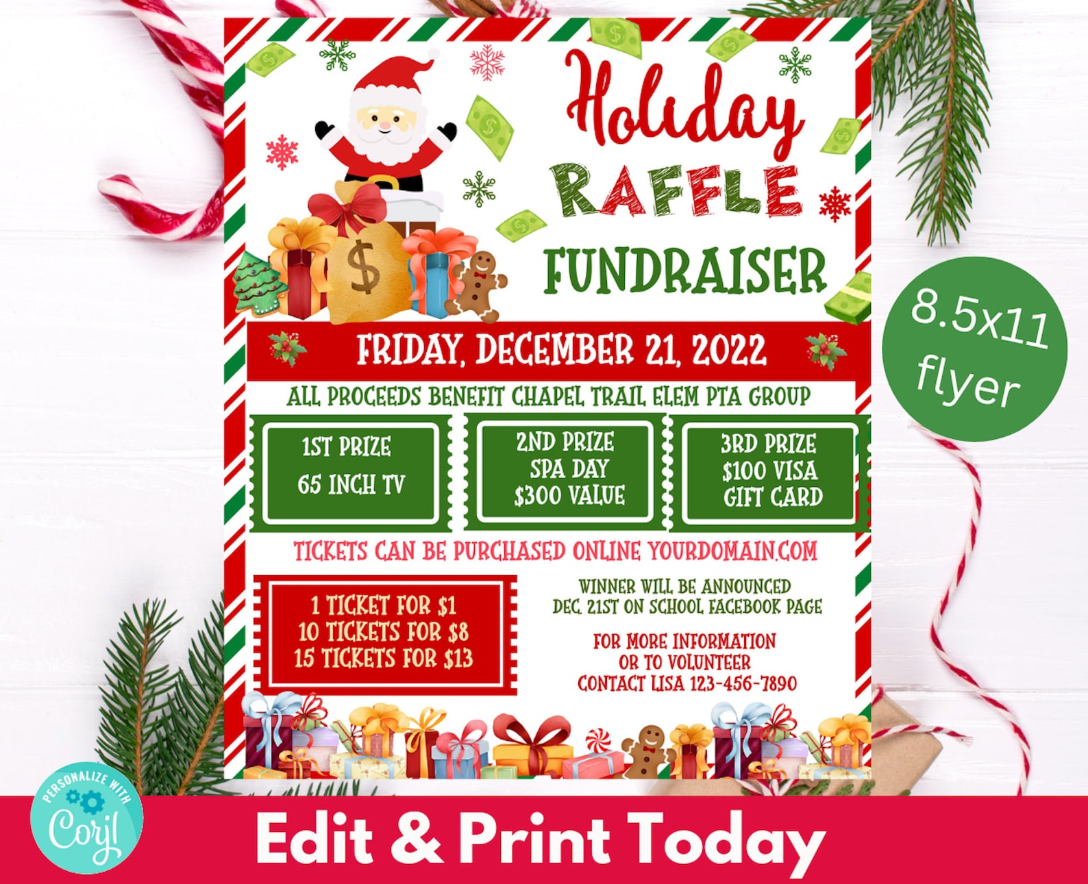 Christmas Raffle Ticket Fundraiser Flyer Holiday Split the - Etsy