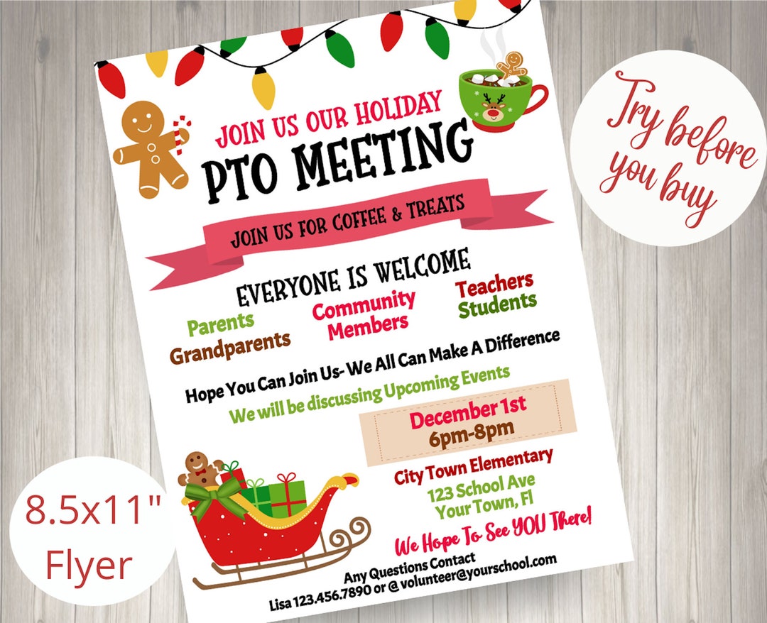 EDITABLE PTO Holiday Meeting PTA Meeting Informational Flyer Printable ...