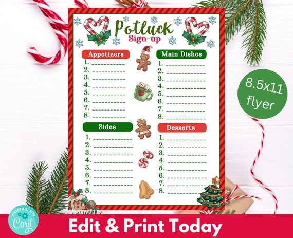 Editable Christmas Potluck Sign-Up Sheet, Holiday Office Potluck ...