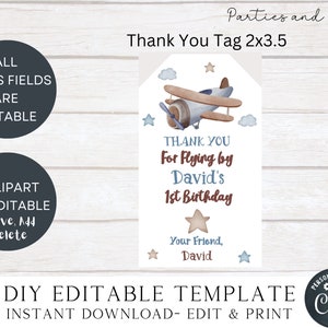 Airplane Birthday Thank You Tag Template Airplane Thank You Tag Pilot ...