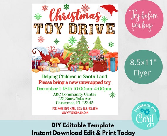 EDITABLE Holiday Toy Drive Flyer, Christmas Flyer, Chistmas Church ...