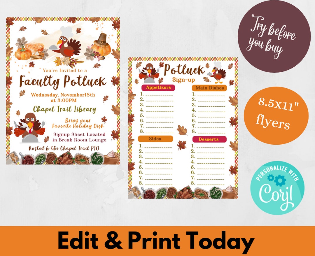 Thanksgiving Faculty Potluck Invitation, Potluck Sign up Sheet Fall ...