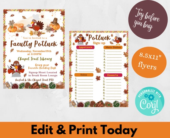 Thanksgiving Faculty Potluck Invitation, Potluck Sign Up Sheet Fall ...