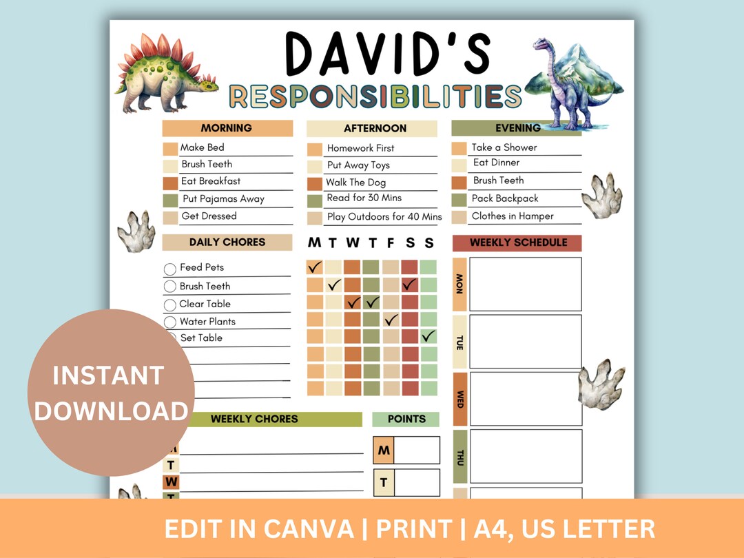 Dinosaur Editable Kids Chore Chart Responsibility Chore Chart for Kids ...