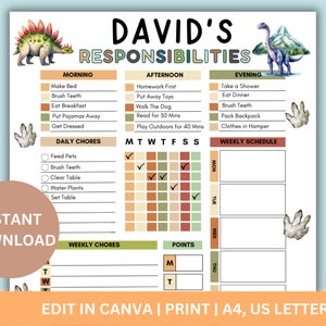 Dinosaur Editable Kids Chore Chart Responsibility Chore Chart for Kids ...