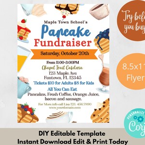 Pancake Fundraiser Breakfast Fundraiser Flyer Poster Set Church Charity ...