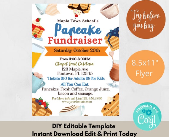 EDITABLE Pancake Breakfast Fundraiser Flyer Poster Set, pto pta, Church ...