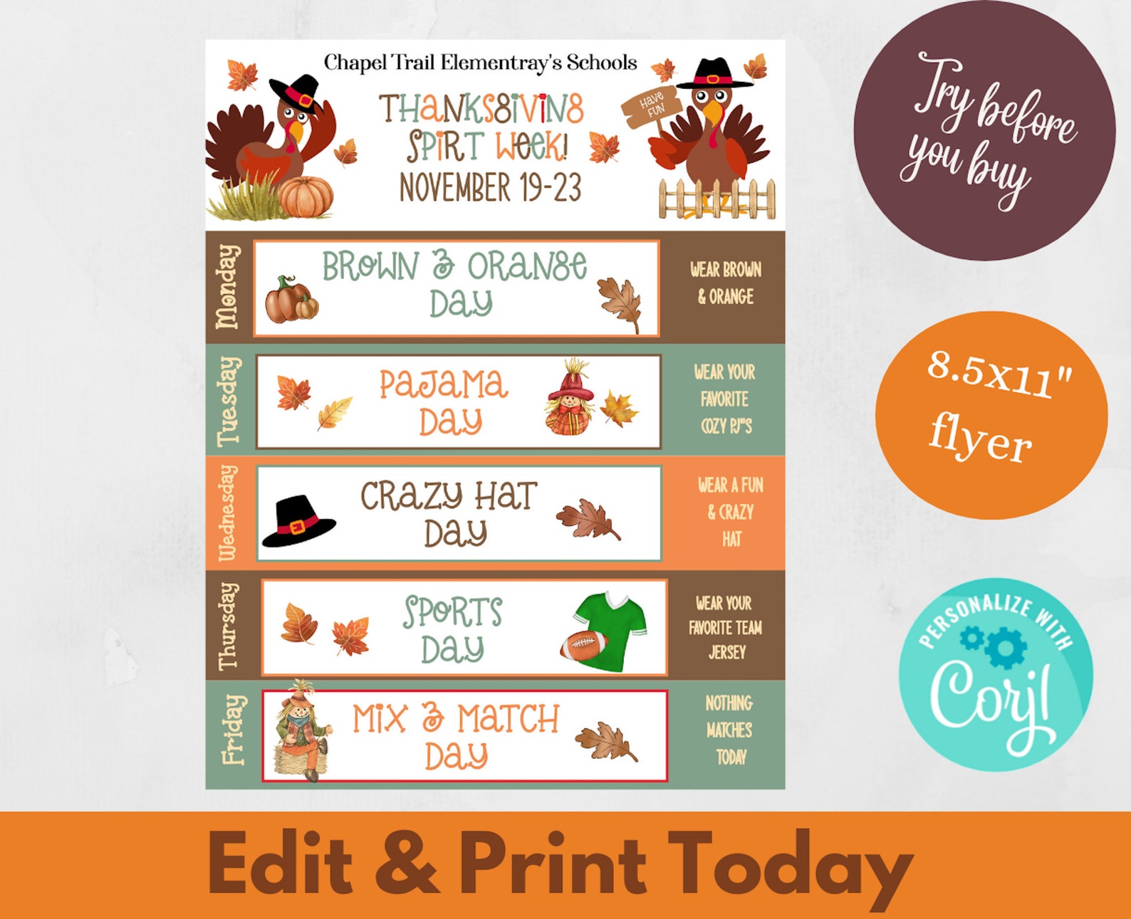 EDITABLE Thanksgiving Spirit Week Flyer Fall Spirit Week Printable ...