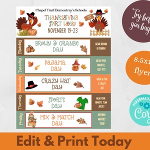 EDITABLE Thanksgiving Spirit Week Flyer Fall Spirit Week Printable ...