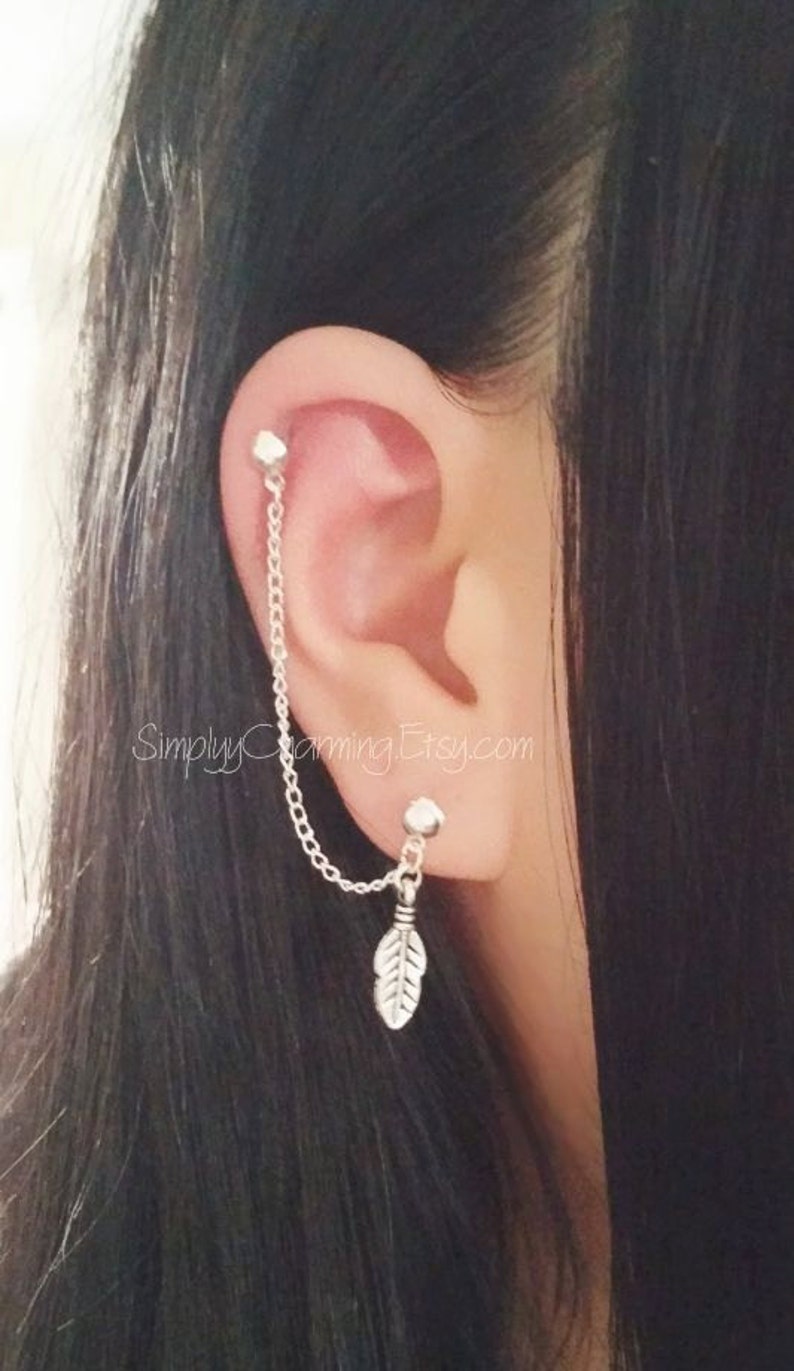 Tiny Leaf Cartilage Chain Earring Double Lobe Helix Ear Cuff, Double ...
