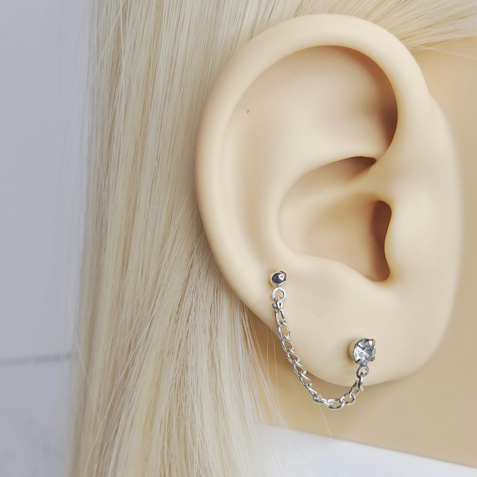 Rhinestone Double Lobe Chain Earring, Two Hole Piercing Earrings ...