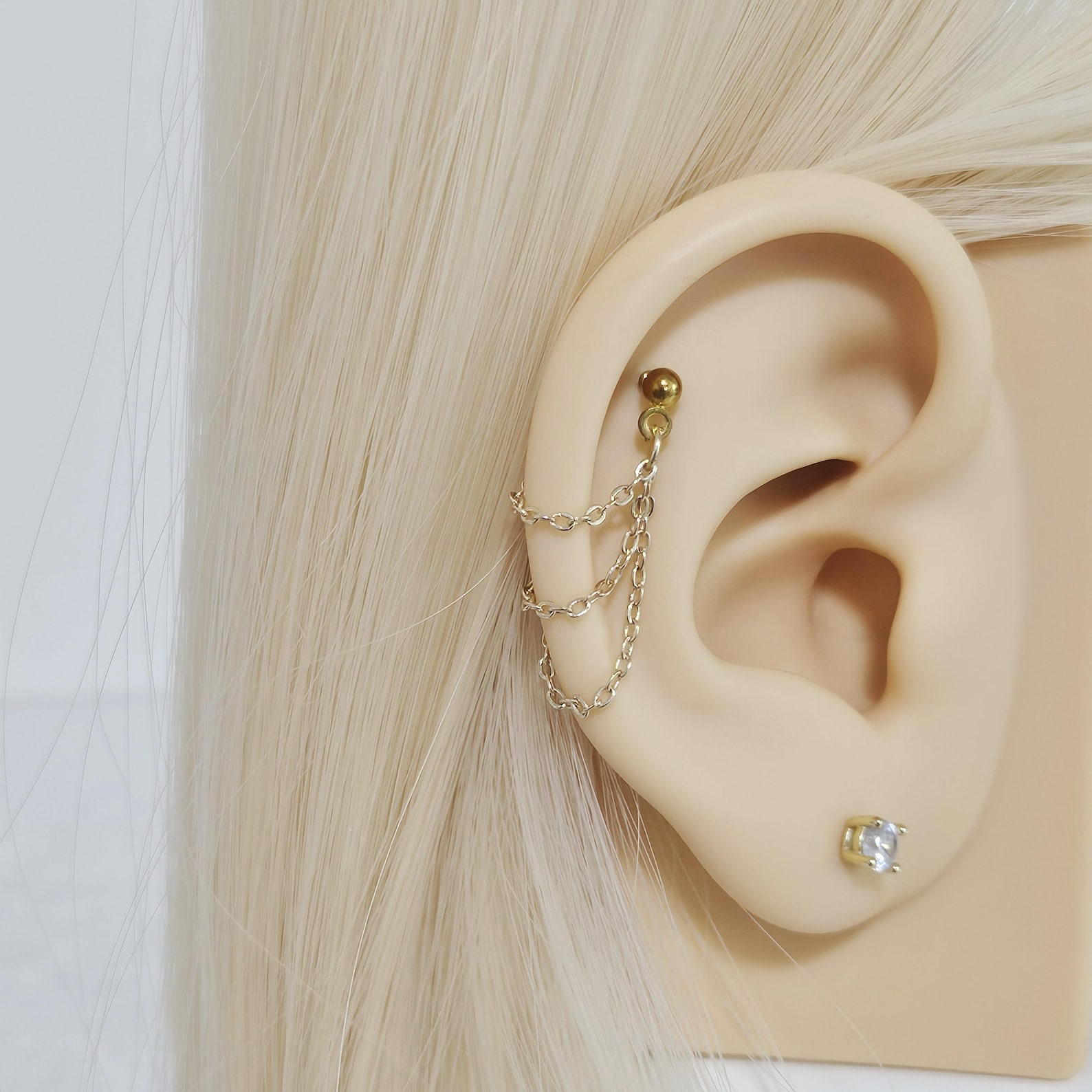 Triple Chain Cartilage Earring Helix Chain Earring Dangle Stud Dainty ...