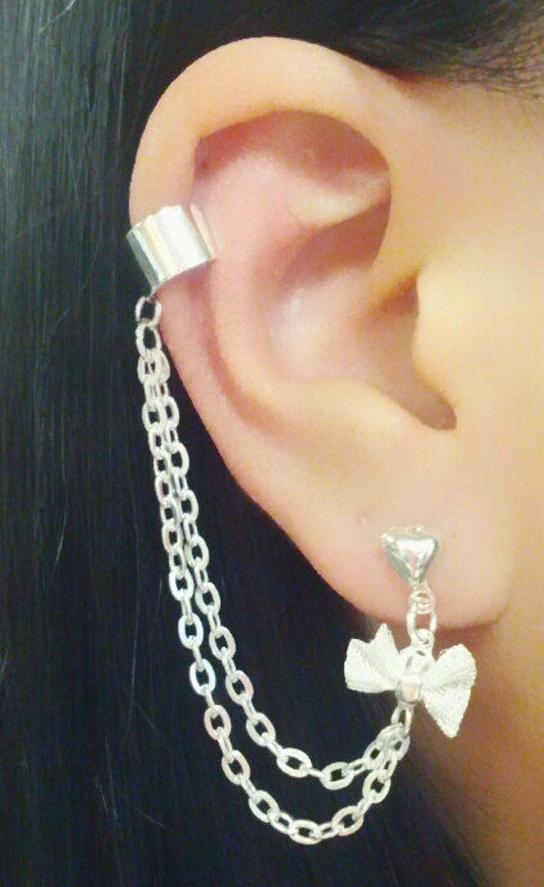 Mesh Bow Cartilage Chain Earrings Double Lobe Helix Ear Cuff - Etsy
