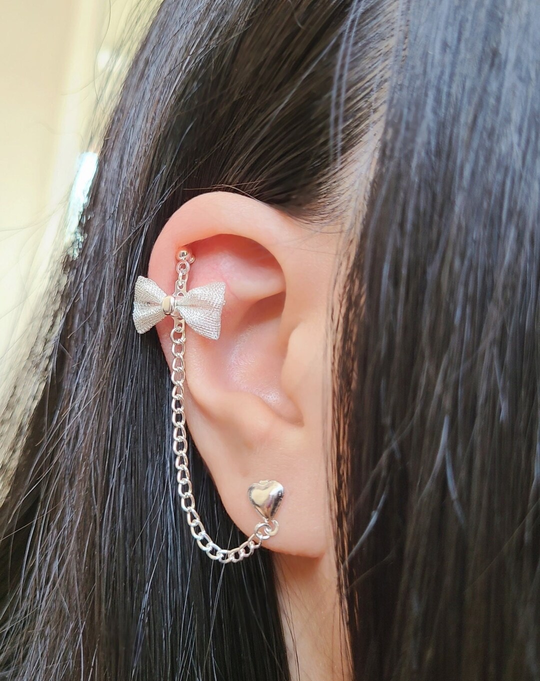 Mesh Bow Cartilage Chain Earring Helix Double Lobe Helix Ear Cuff ...