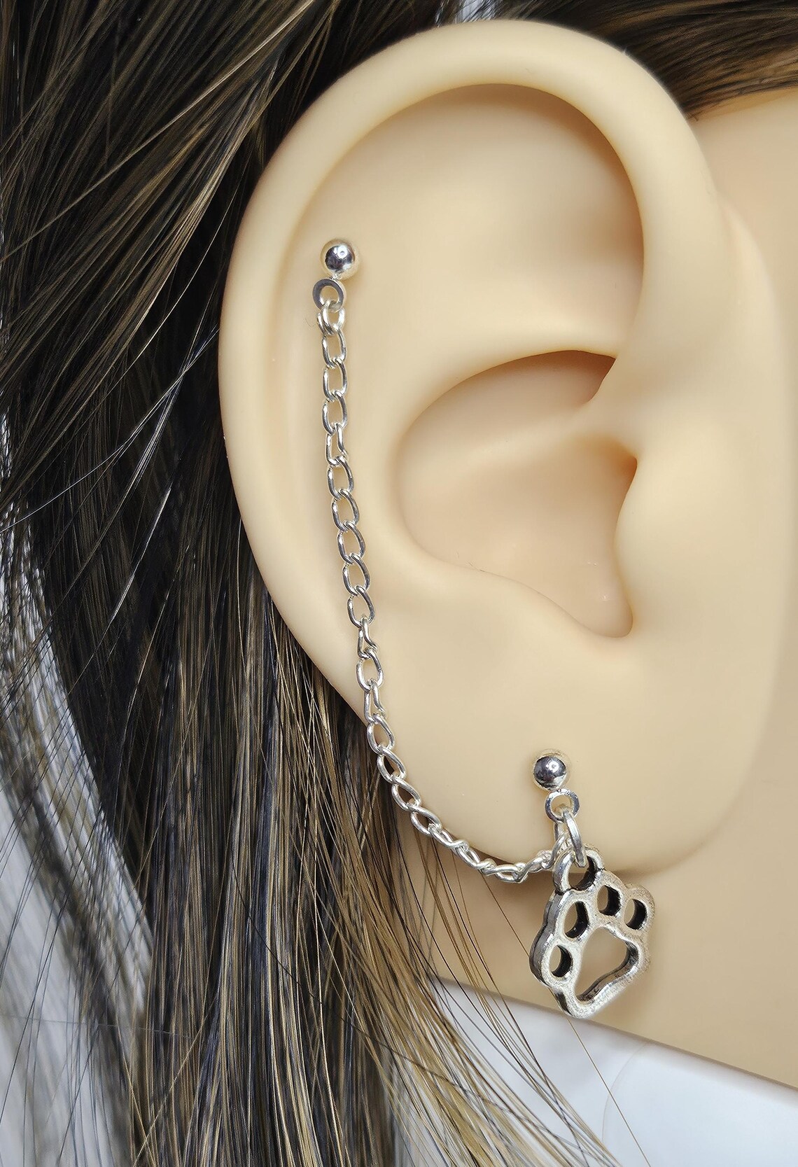 Dog Paw Chain Cartilage Earring Double Piercing, Lobe to Helix Chain ...