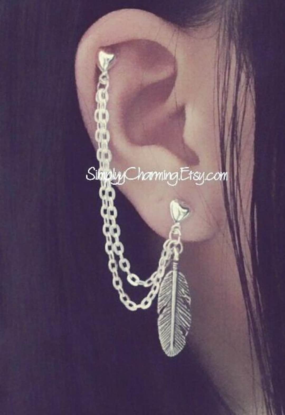 Feather Helix Cartilage Chain Earring Double Piercing Lobe to Helix Ear ...