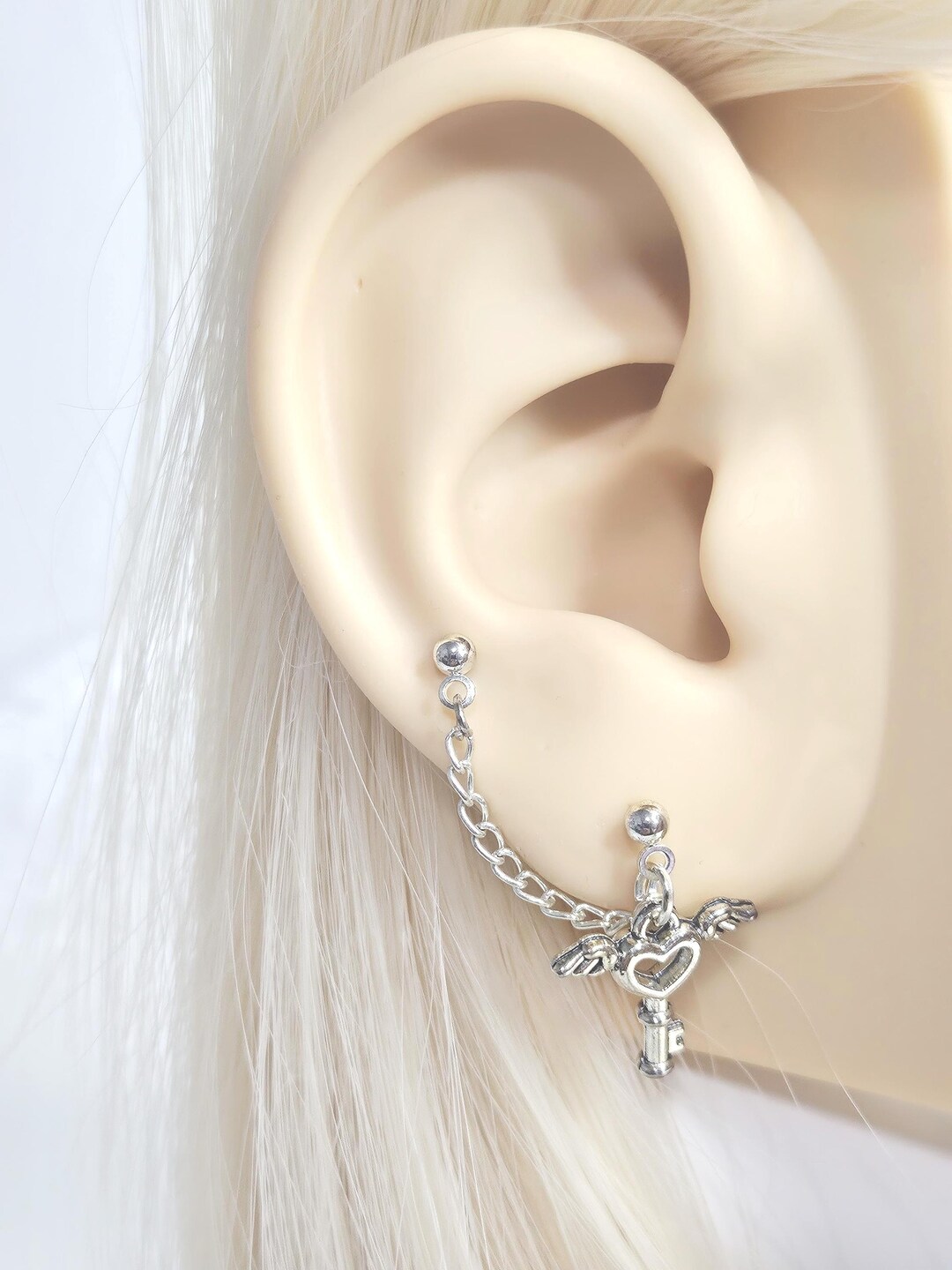 Key and Lock Double Piercing Chain Earring, Two Hole Piercing Jewelry ...