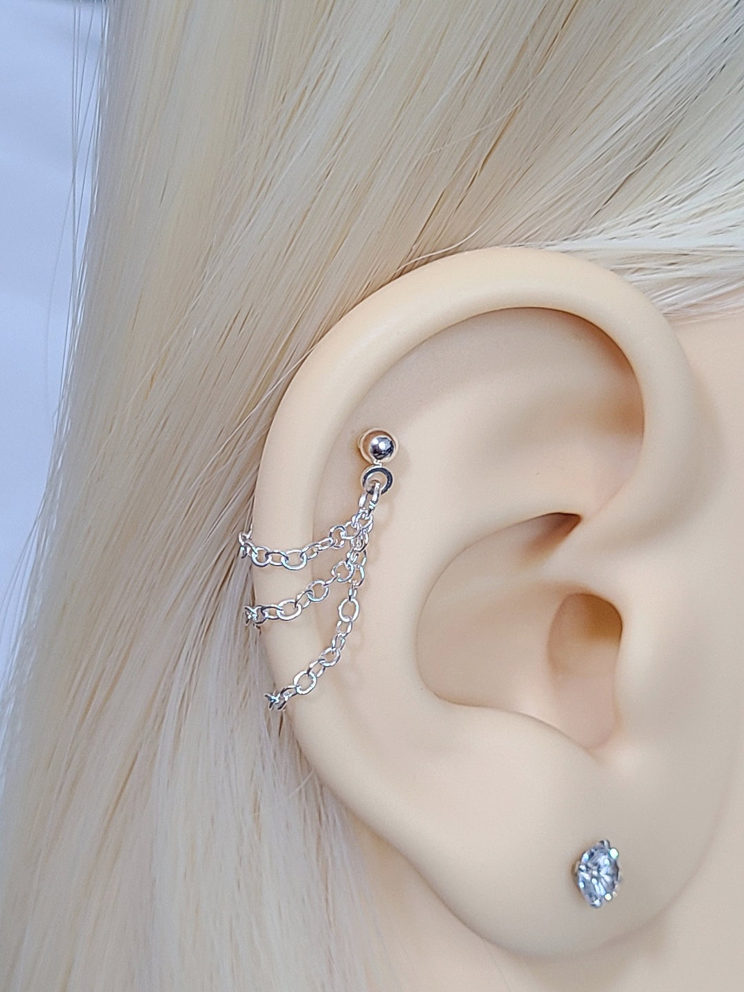 Triple Chain Cartilage Earring Helix Chain Earring Dangle Stud Dainty ...