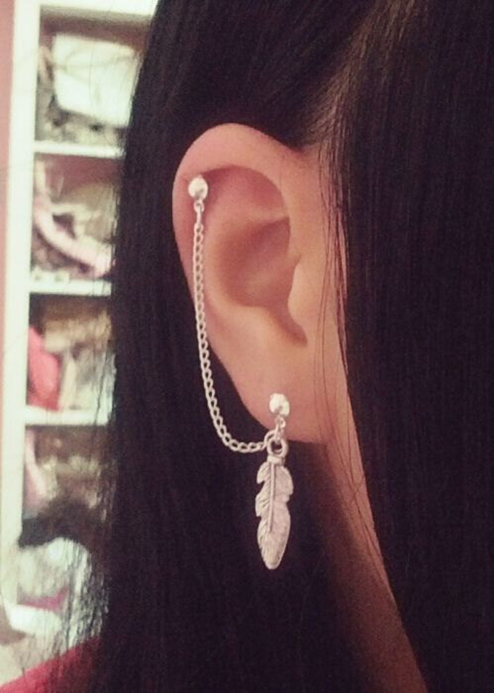 Feather Cartilage Chain Earring Helix Double Lobe Stud Multiple Double ...