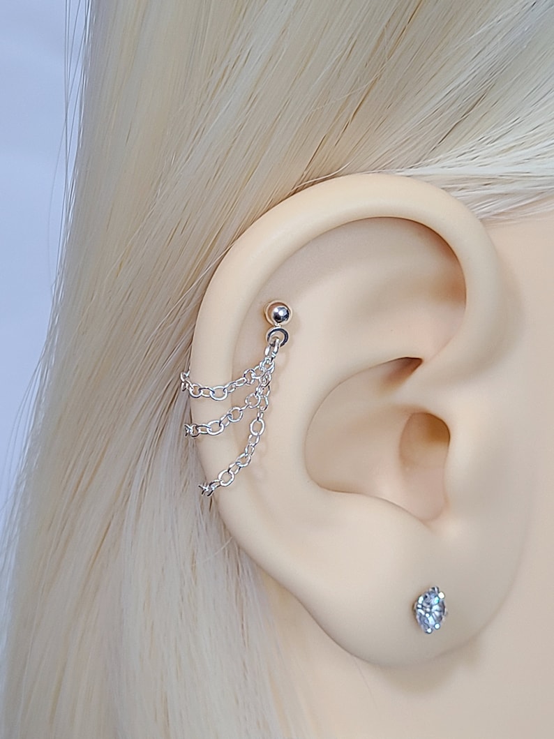 Triple Chain Cartilage Earring Helix Chain Earring Dangle Stud Dainty Single Double or Triple ...