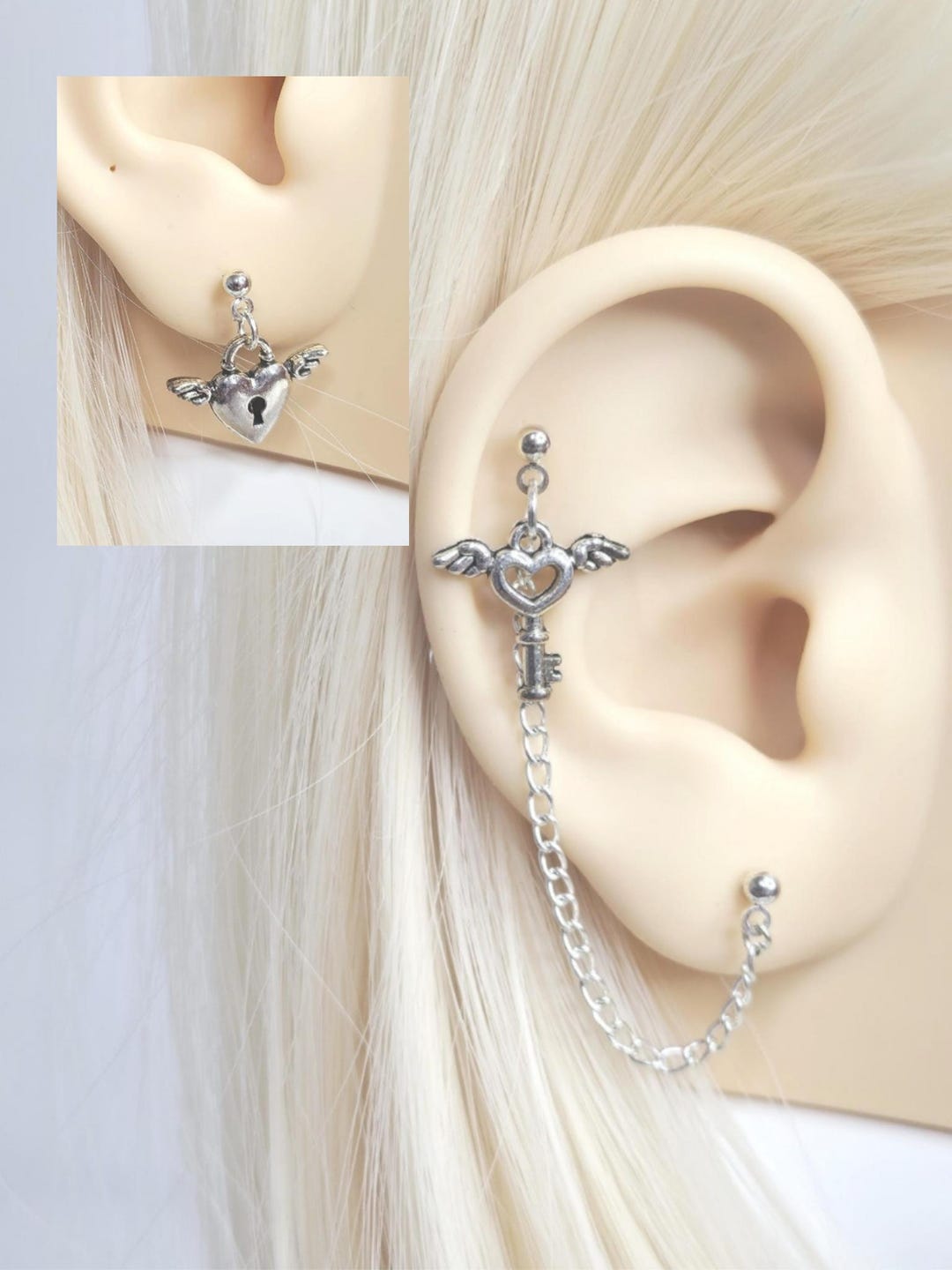 Key and Lock Helix Cartilage Chain Earring Double Piercing Earrings ...