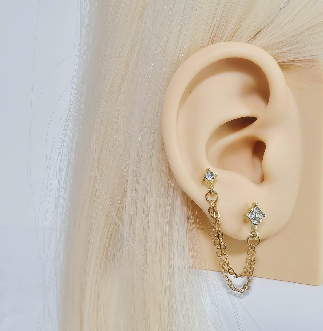 Gold Double Lobe Chain Earrings, Double Piercing Earring, Gold Flower ...