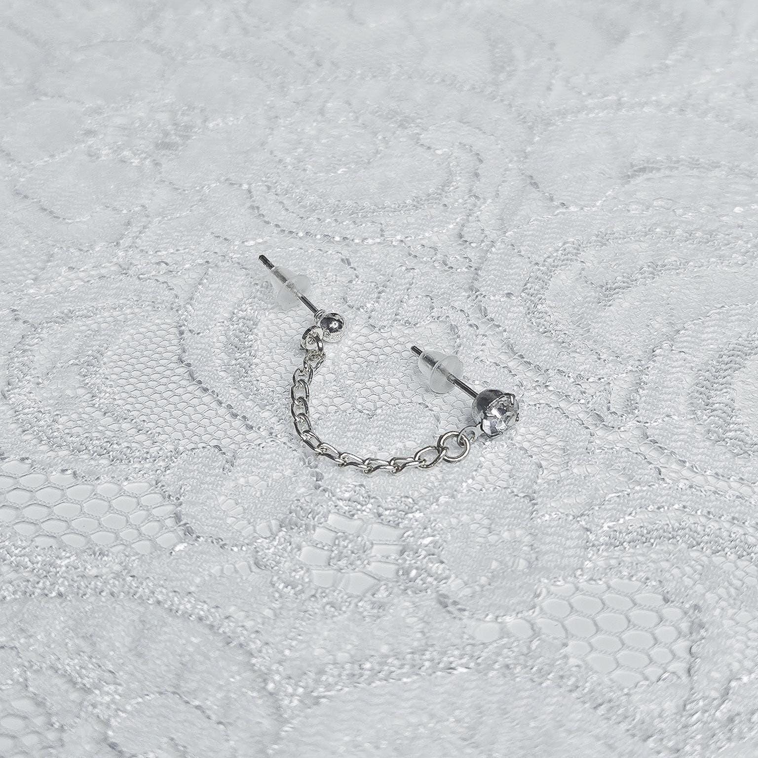 Rhinestone Double Lobe Chain Earring, Two Hole Piercing Earrings ...
