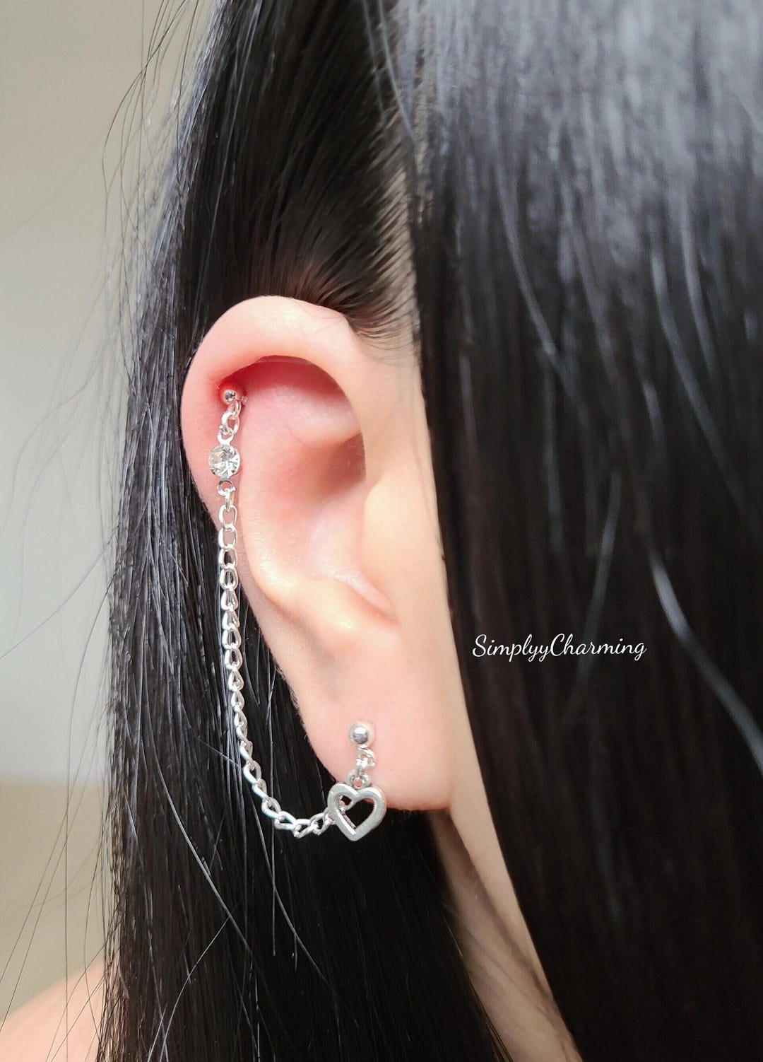 Tiny Heart Helix Cartilage Chain Earrings Set Double Lobe to Helix ...
