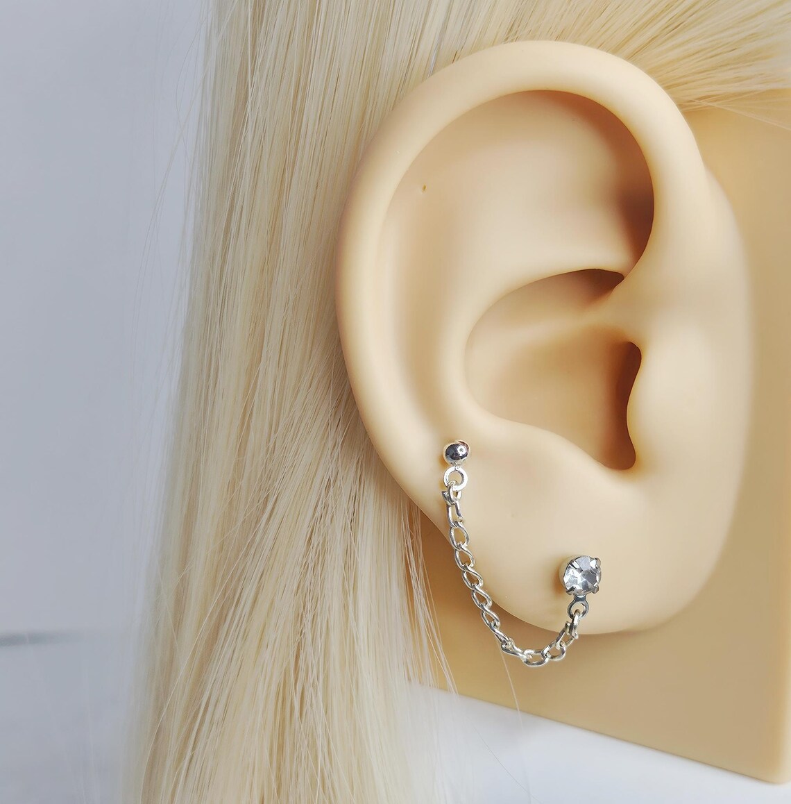 Rhinestone Double Lobe Chain Earring, Two Hole Piercing Earrings ...