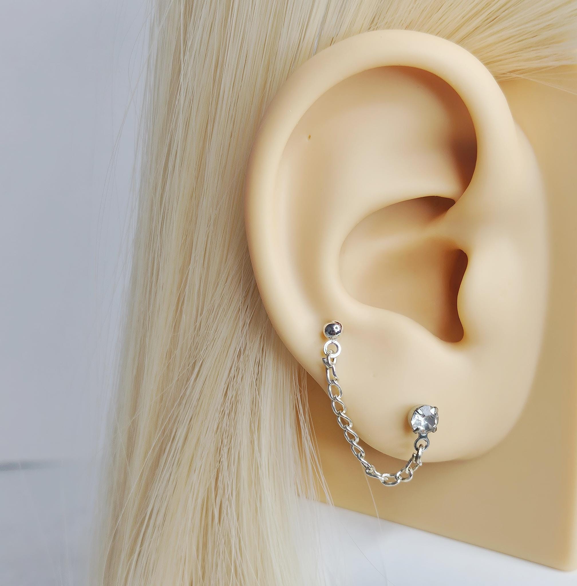 Rhinestone Double Lobe Chain Earring, Two Hole Piercing Earrings ...