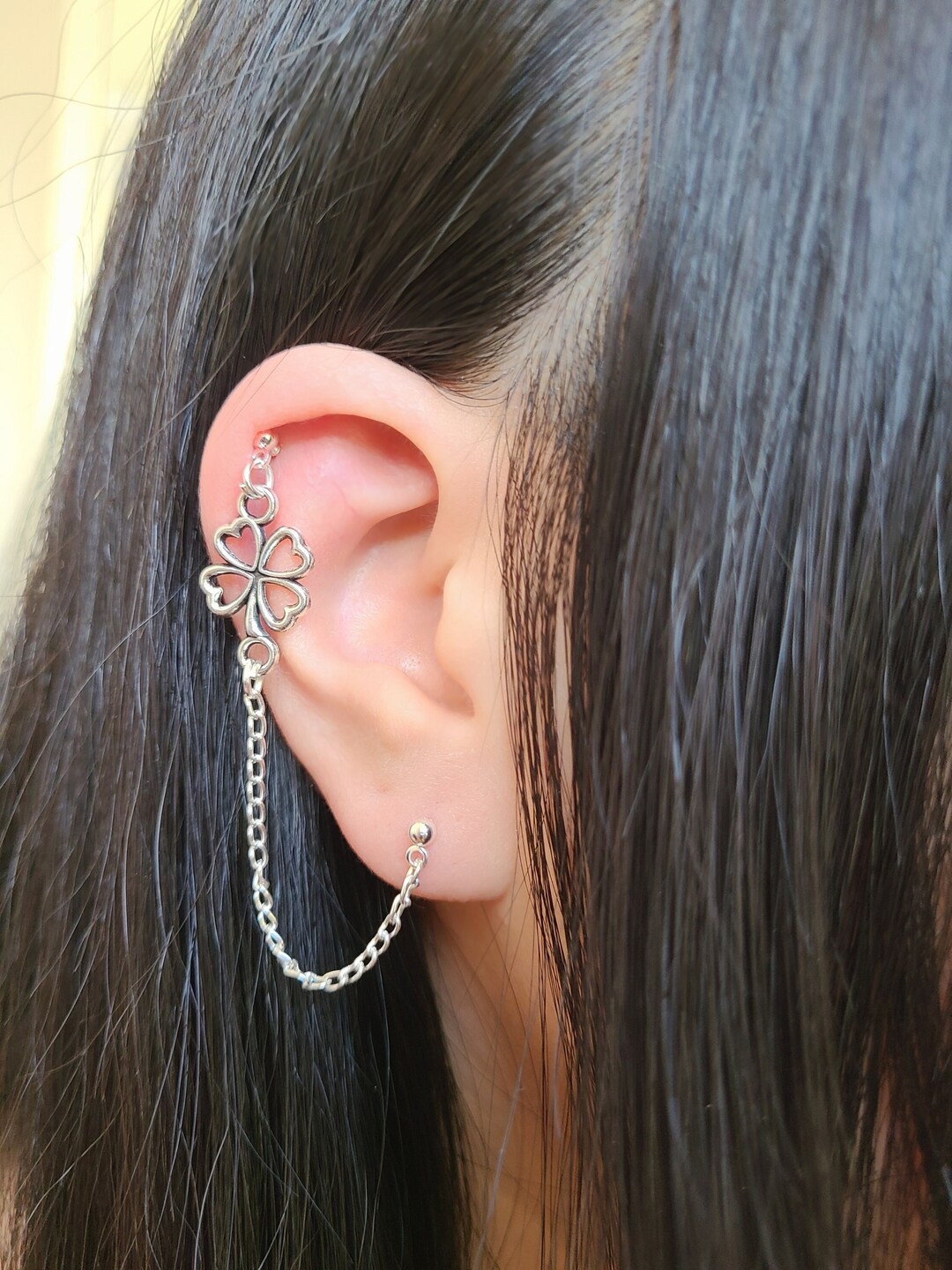 Four Leaf Clover Cartilage Chain Earring, Double Lobe to Cartilage ...