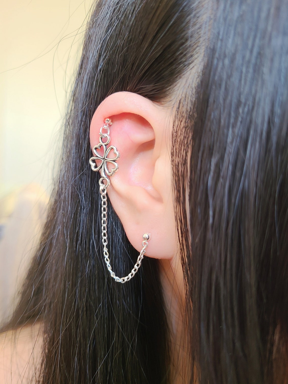 Four Leaf Clover Cartilage Chain Earring, Double Lobe to Cartilage ...
