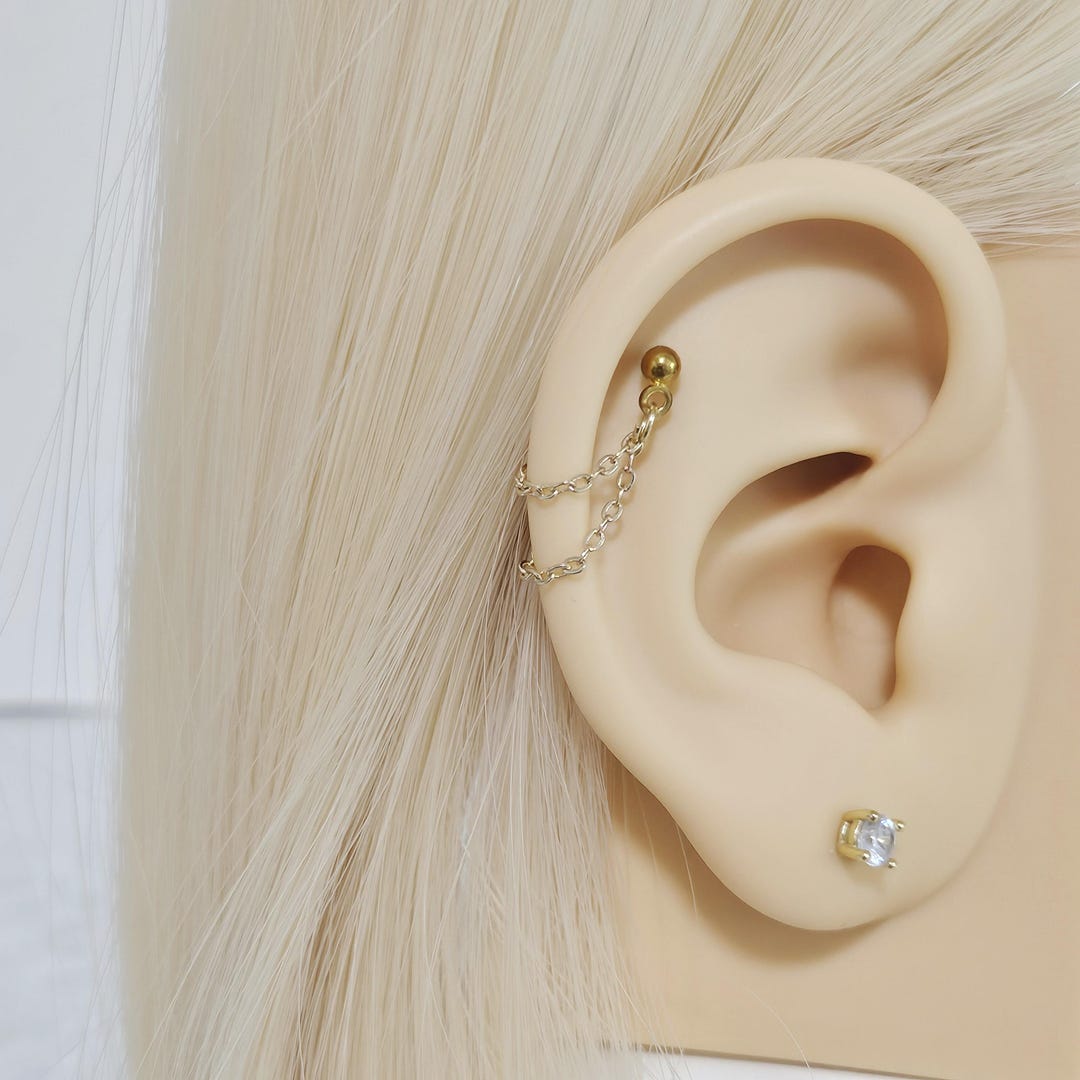 Double Chain Helix Earring, Dainty Gold Cartilage Earring, Single ...
