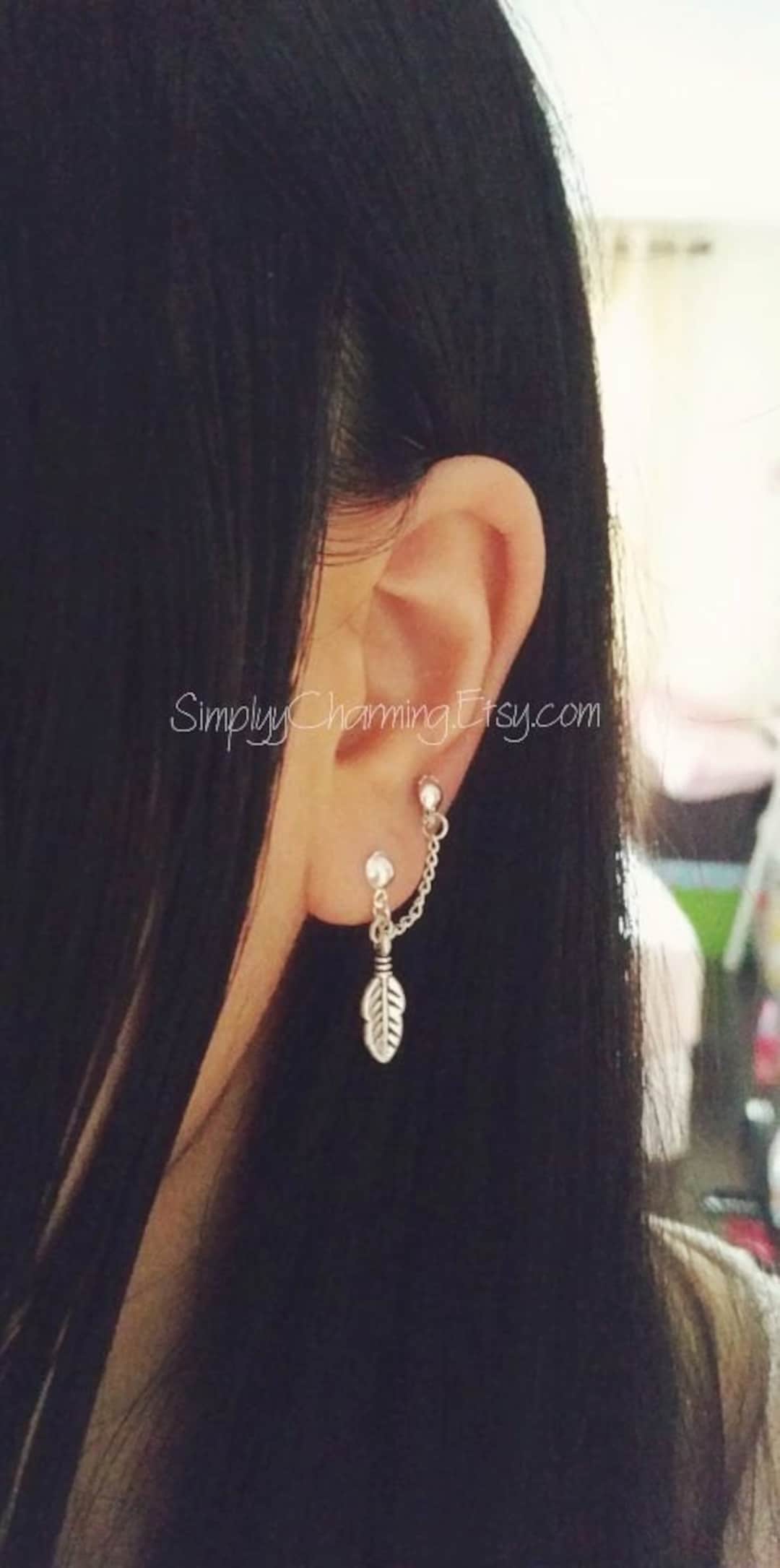 Double Lobe Chain Earring, Tiny Leaf Multiple Piercings Chain Earring ...