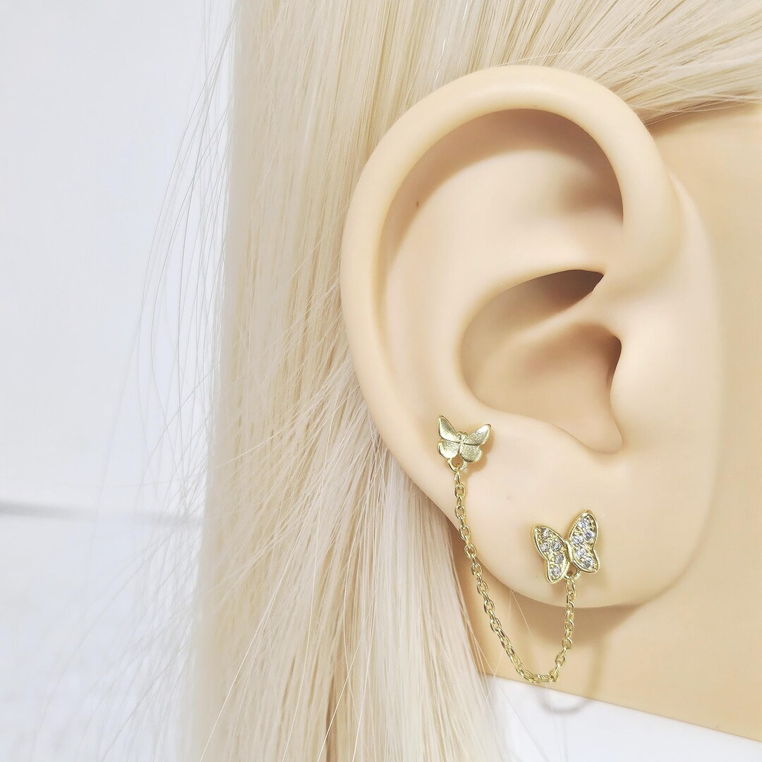 Gold Double Lobe Earrings, Double Piercing Chain Earring Butterfly ...