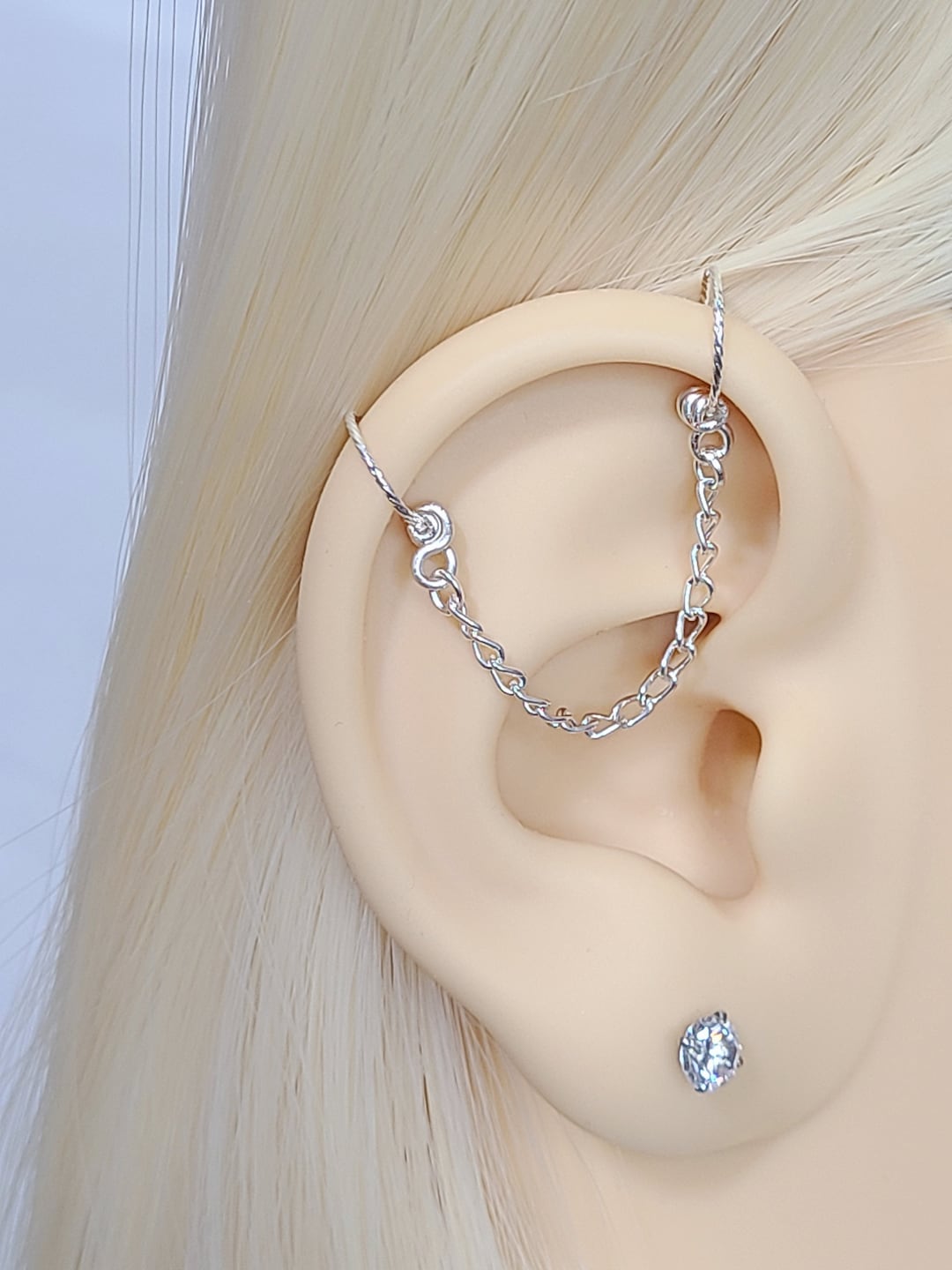 Double Hoop Earring, Industrial Chain Earrings, Lobe to Cartilage Chain ...