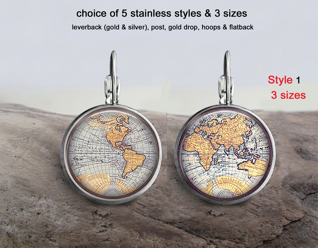 World Map Stainless Earrings Jewelry - Choice of 5 Styles & 3 Sizes ...