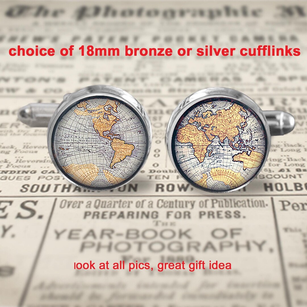 World Map Cufflinks - Choose 18mm Bronze or Silver Cuffs - Groom, Party ...