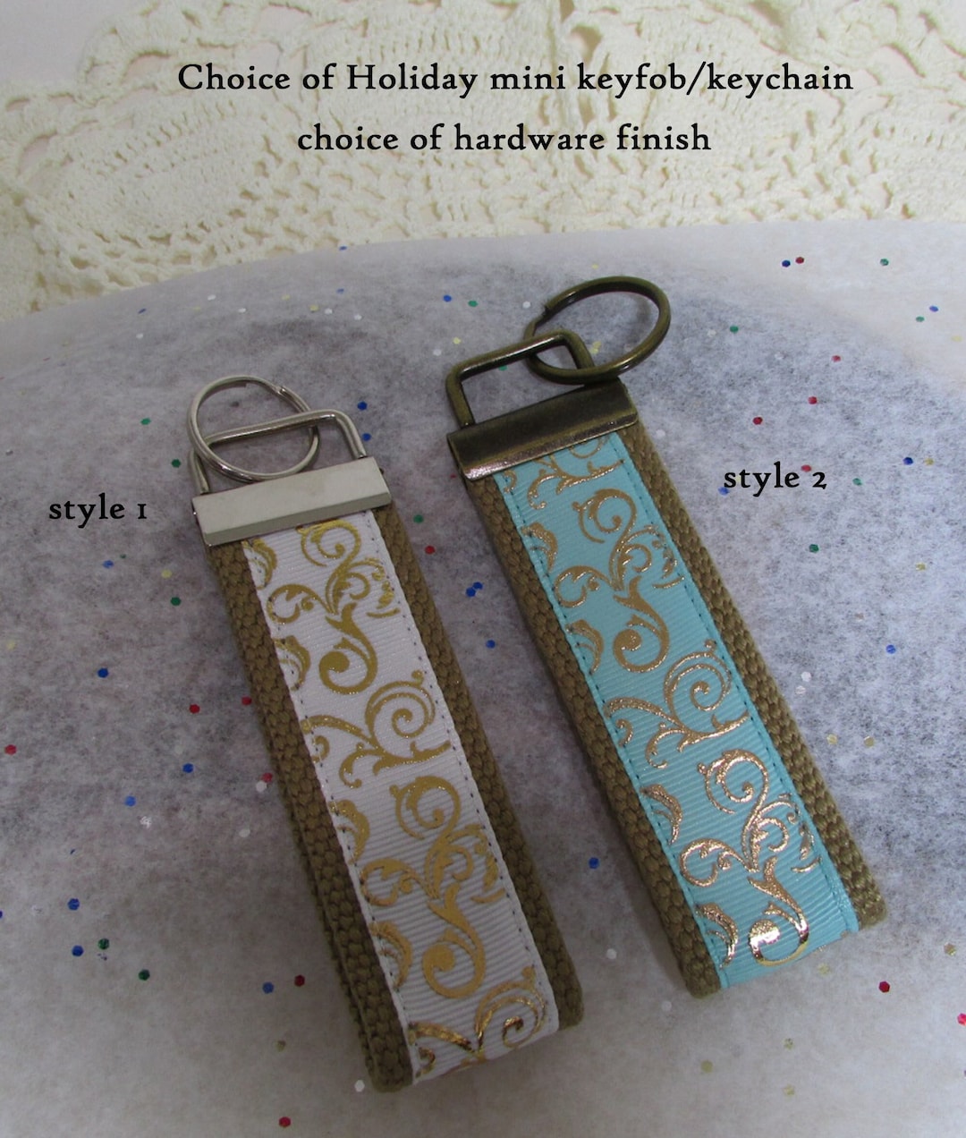 Holiday Gold White and Aqua Mini Keyfob Key Chain - Cute Design Key ...