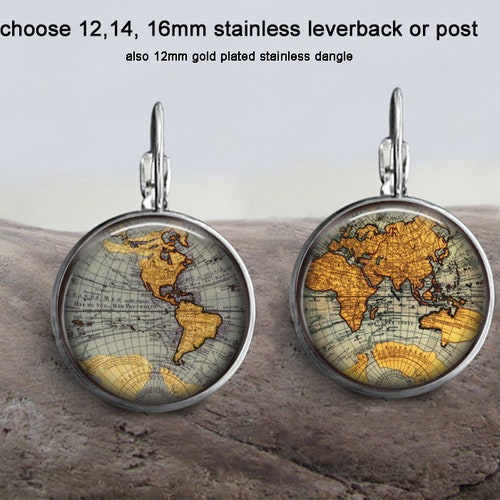 World Map Stainless Earrings Jewelry Choice of Leverback | Etsy