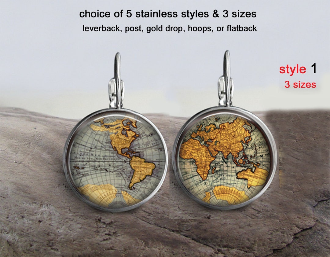 World Map Stainless Earrings Jewelry Choice of 5 Styles & 3 - Etsy