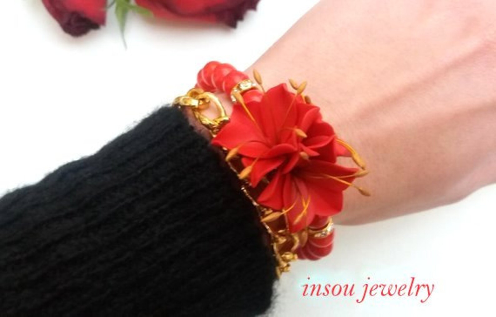 Red Bracelet Charm Bracelet Floral Bracelet Red Gold - Etsy