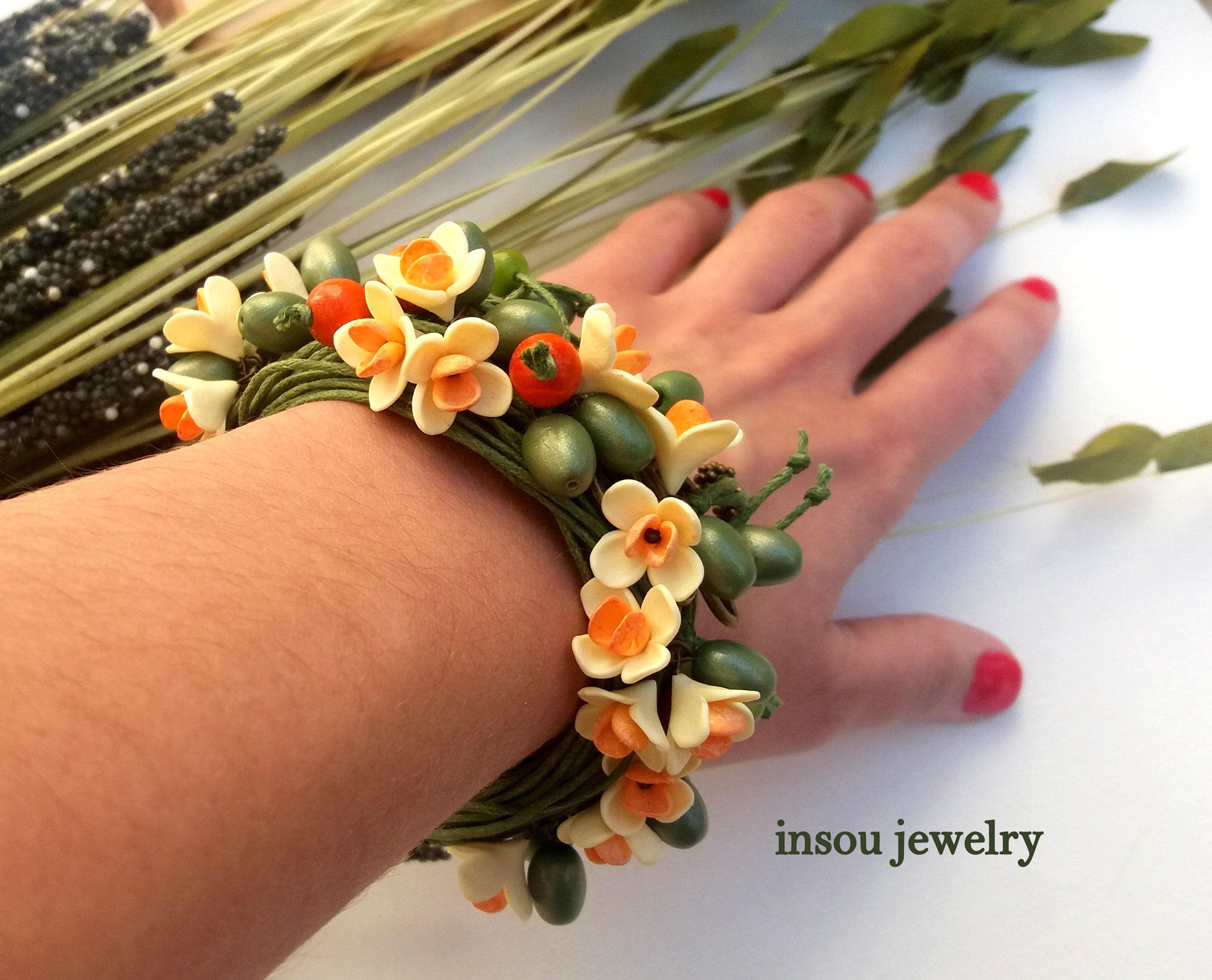 Green Bracelet Flower Bracelet Handmade Bracelet Flower - Etsy Israel