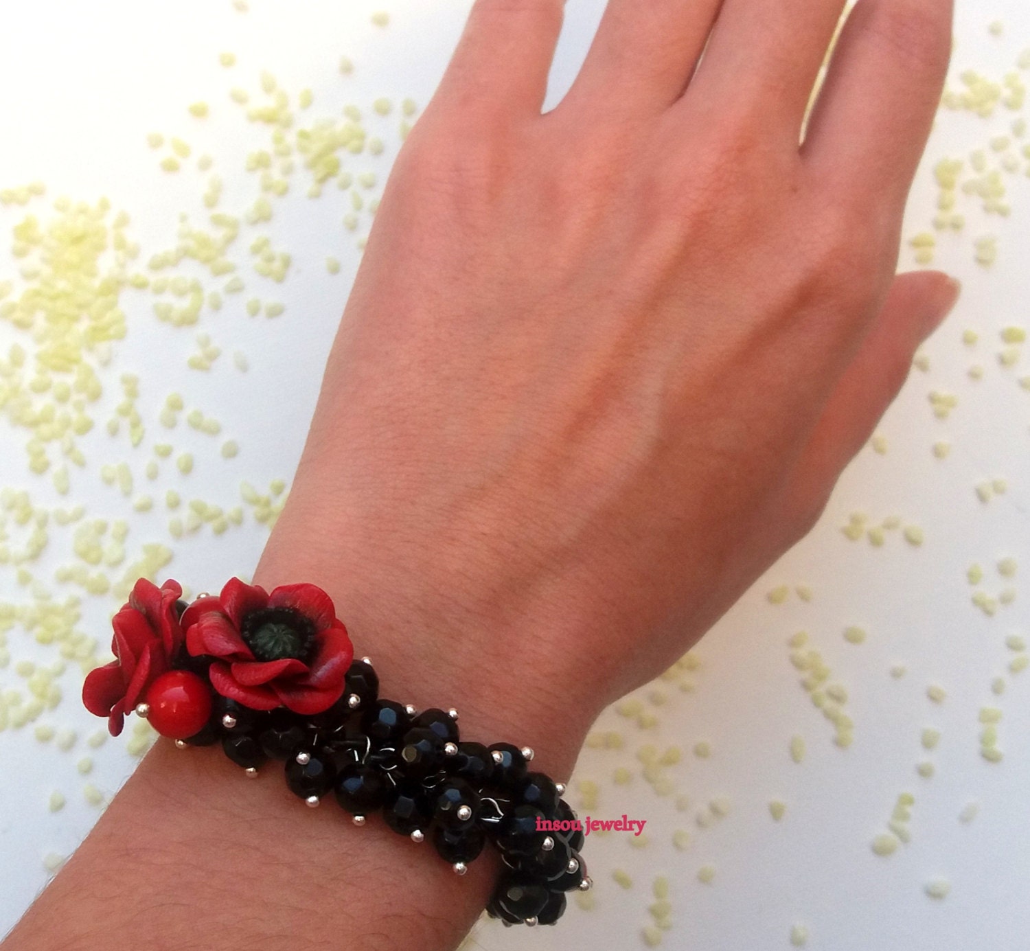 Flower Bracelet Poppy Bracelet Black Bracelet Flower Jewelry | Etsy